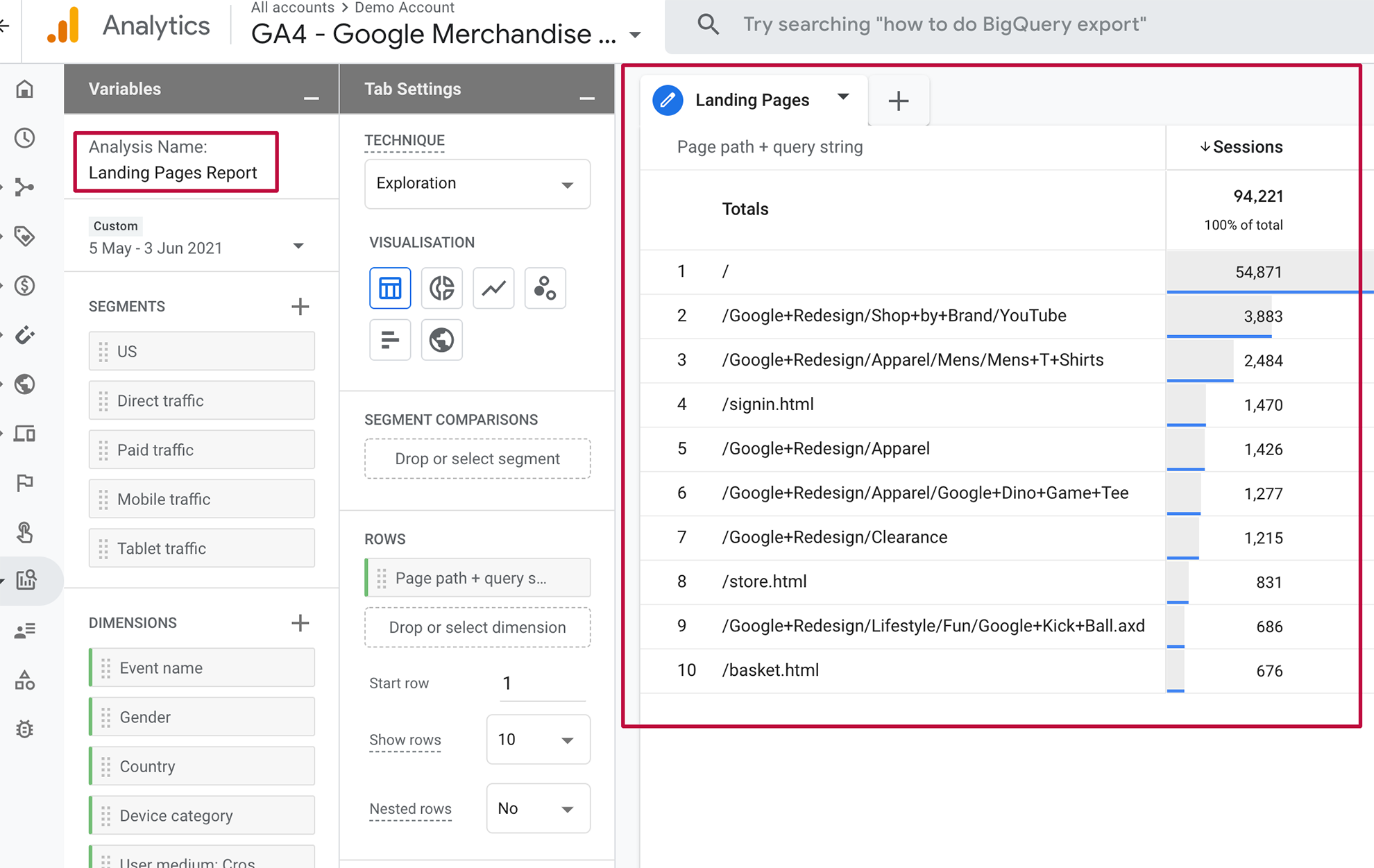 Landing page report in Google Analytics 4