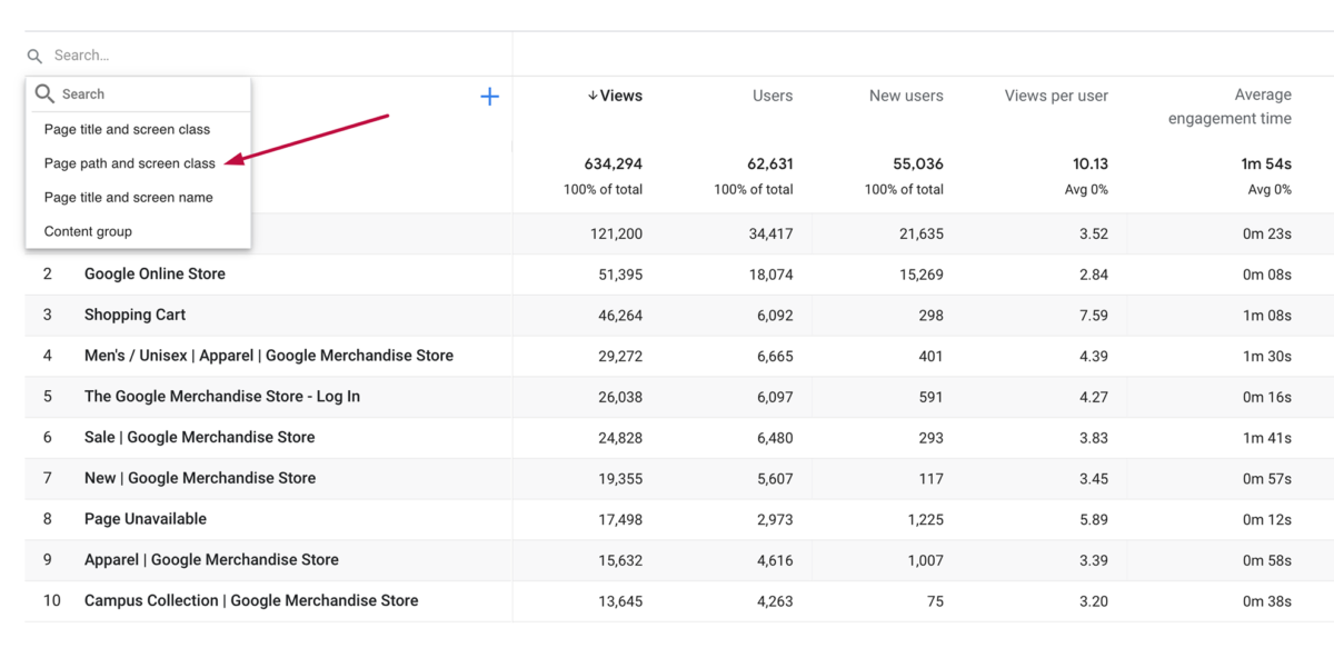 Landing page report in Google Analytics 4